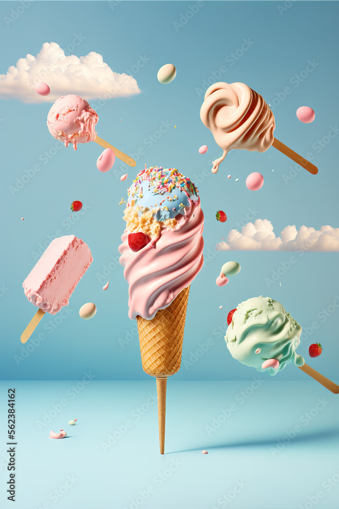 Pastel food creative concept, delicious, sweet, ice cream dessert. An ...