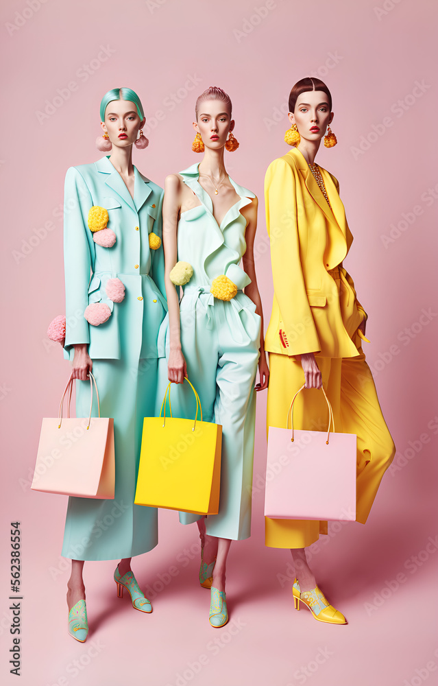 Girls laughing, having fun, posing together and go shopping. Pastel ...