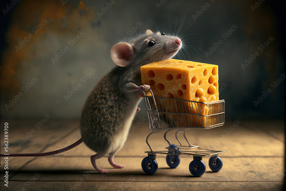 Cute mouse pushing a shopping cart trolley full of cheese created with ...