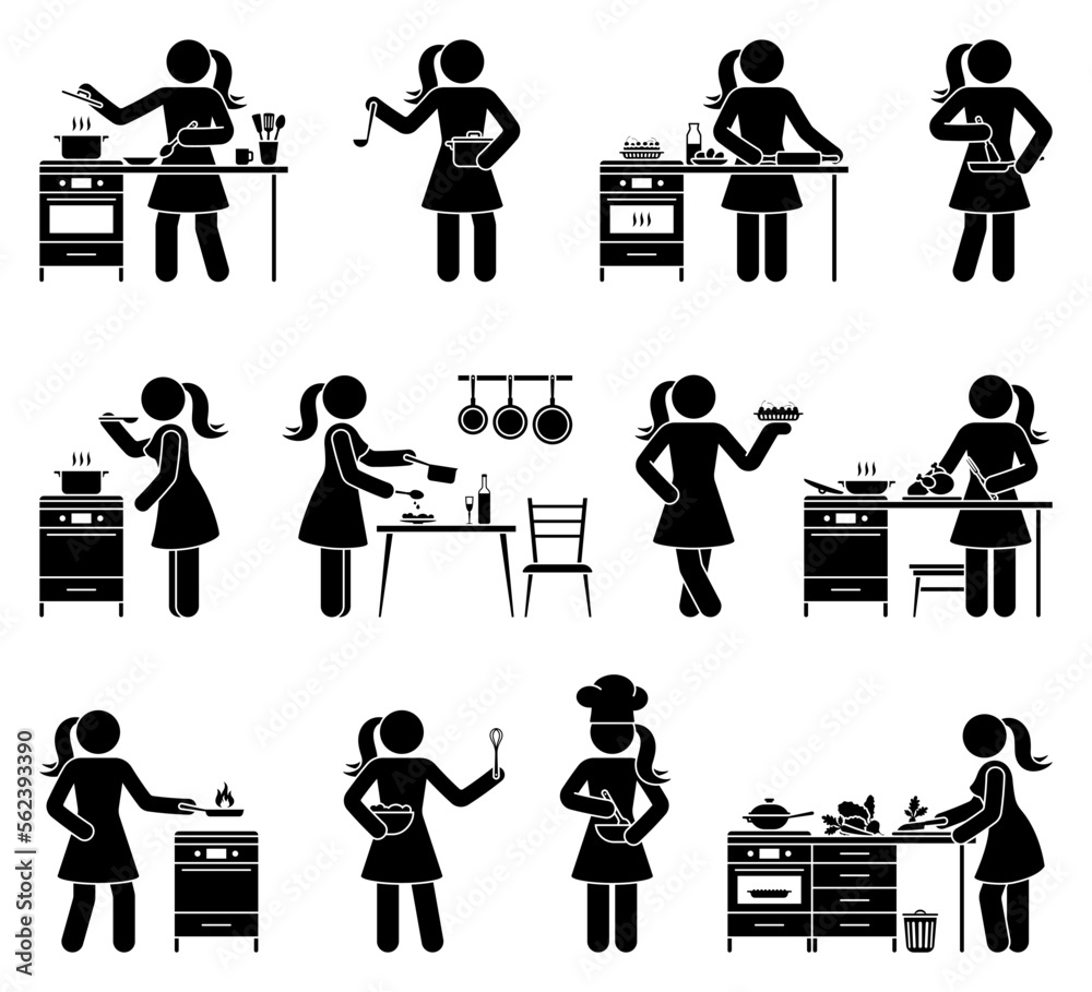 Stick figure woman cooking home kitchen vector illustration set. Female ...