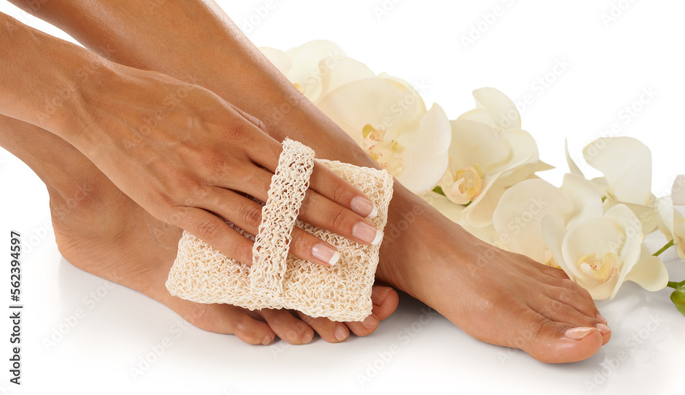 Feet, beauty spa and pedicure with a foot scrub for a woman in studio ...