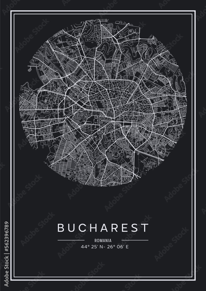 Black and white printable Bucharest city map, poster design, vector ...