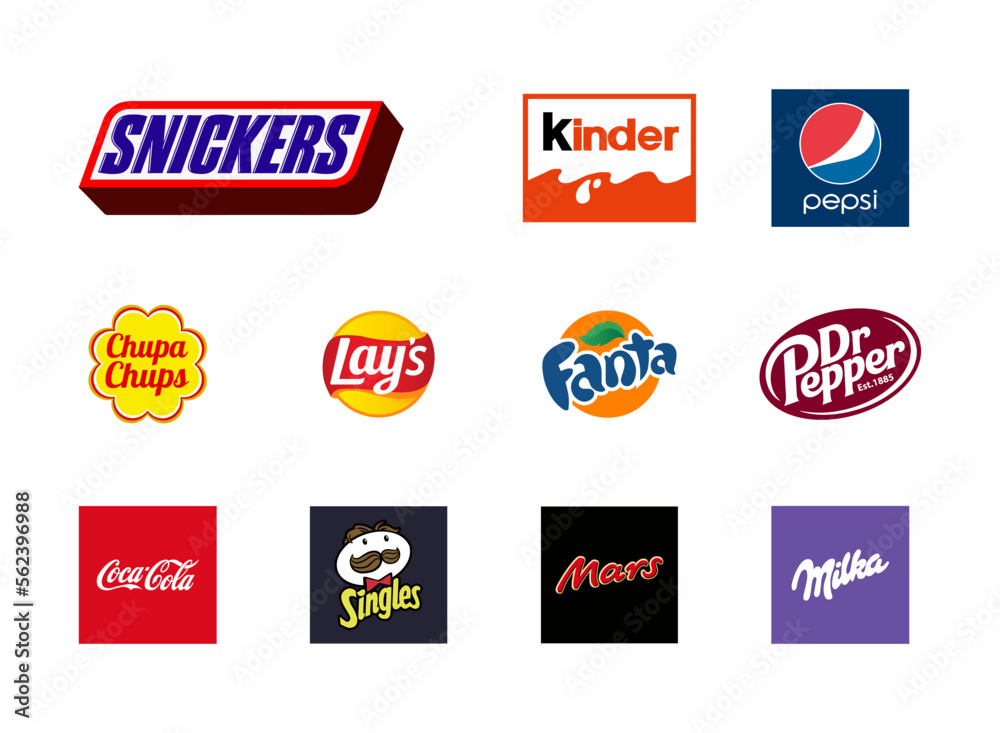 Sweets brands. Fanta, Pepsi, Coca Cola, Snickers, Kinder, Milka ...