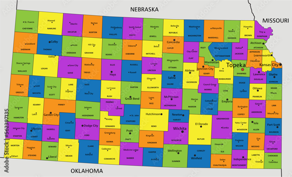 Colorful Kansas political map with clearly labeled, separated layers ...