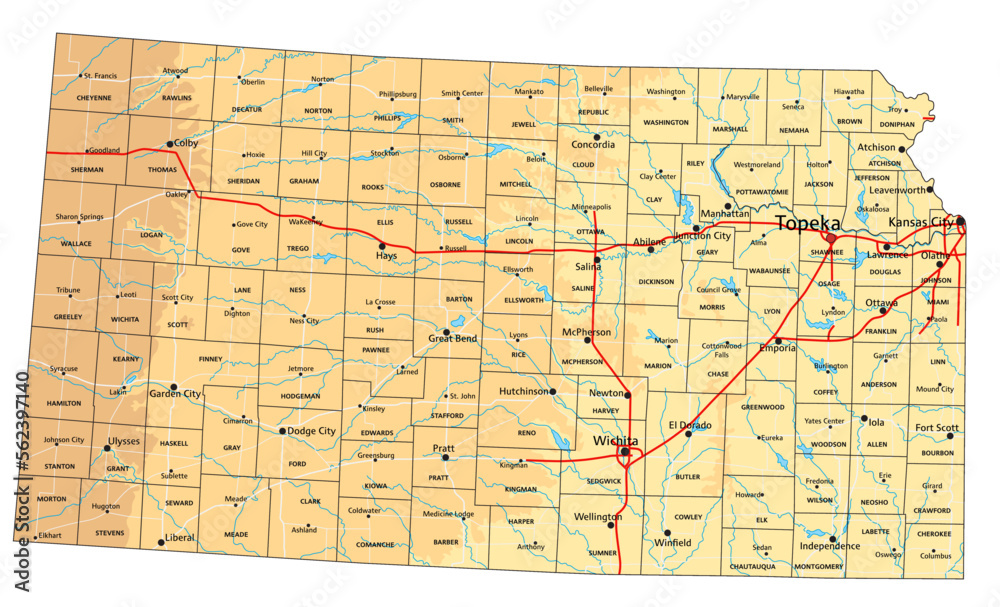 High detailed Kansas physical map with labeling. Stock Vector | Adobe Stock