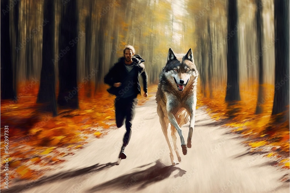 A man running in the forest with his legendary wolf, digital art style ...