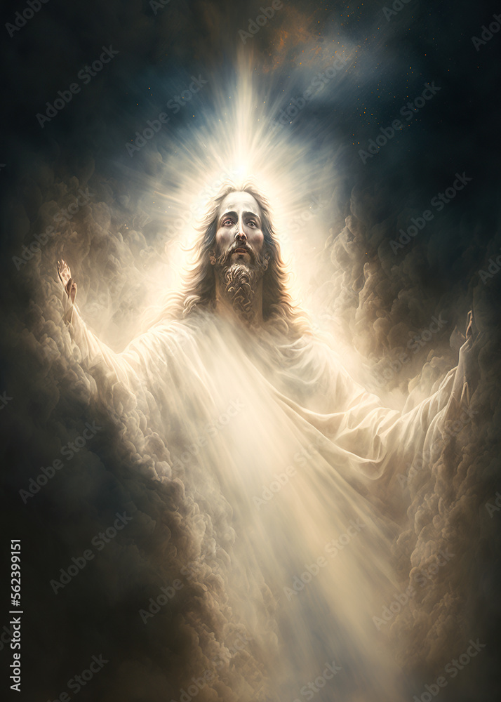 Jesus Christ in Heaven surrounded by clouds and light. Ascension of ...