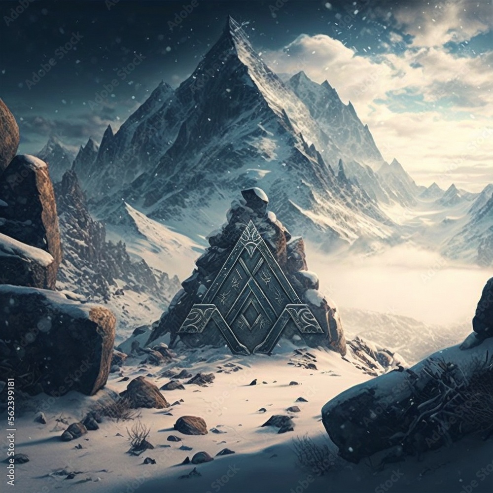 Mysterious symbols on an ancient monument in the snowy mountains. High ...