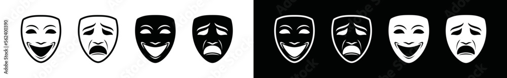 Theater mask icon set. Masquerade icon. Drama theater mask sign. Happy ...