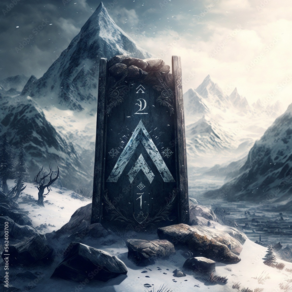 Mysterious symbols on an ancient monument in the snowy mountains. High ...