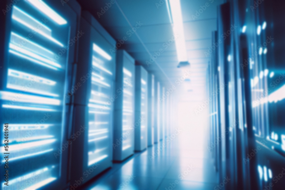 Blurred background of a futuristic interior of a computer server room ...