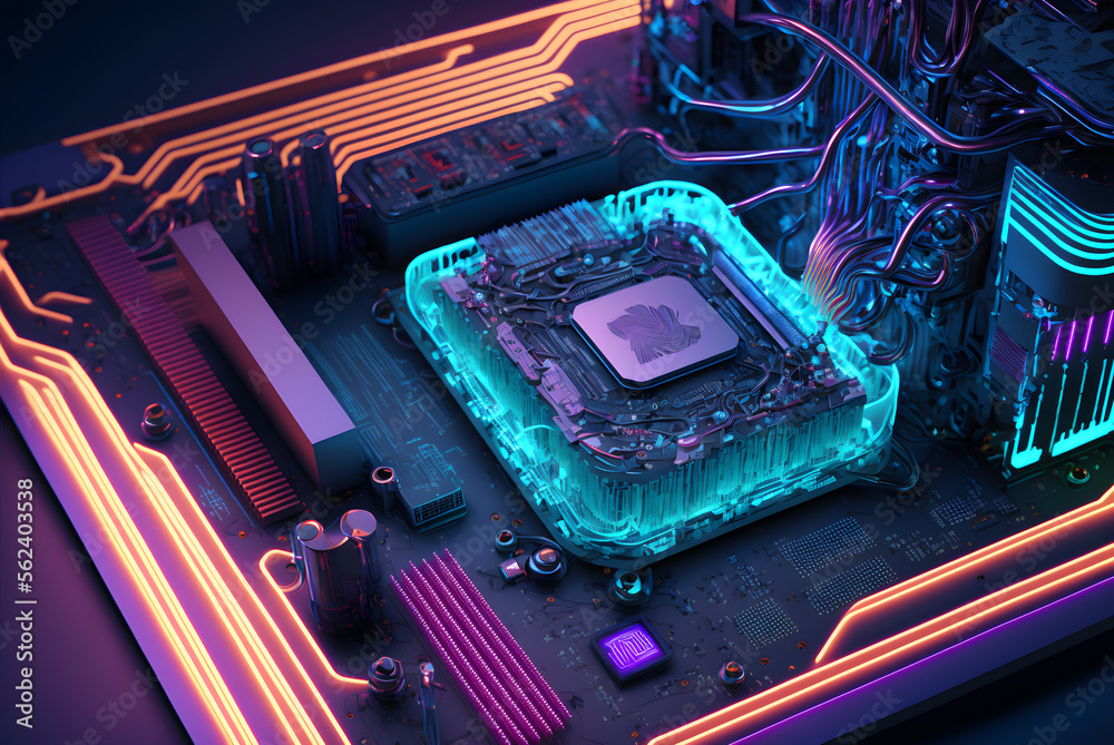 Motherboard circuit with CPU and glowing colorful electric signals ...