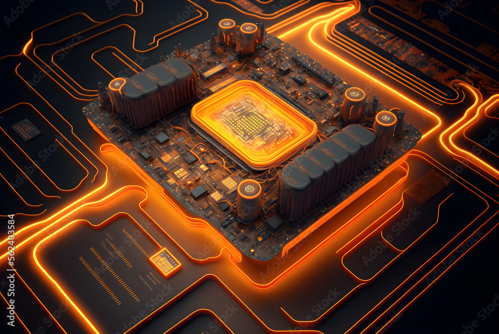 ภาพประกอบสต็อก Motherboard circuit with CPU and glowing orange electric ...