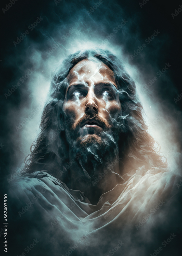 Jesus Christ in Heaven. Ascension of Christ. Glowing eyes, aura and ...