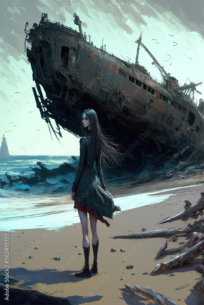 a brave modern anime girl is standing in front of a fantasy scifi ship ...
