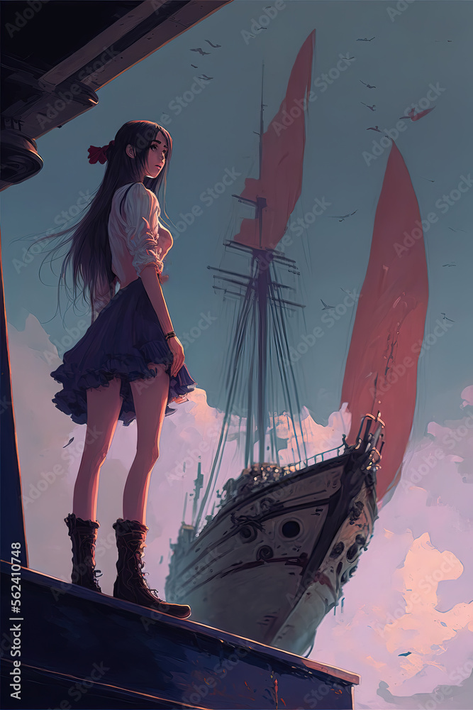 a brave young anime girl is standing at the docks to go on her big ...