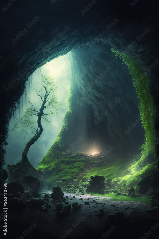 Spooky horror landscape jungle with tall stone walls and mossy surface ...