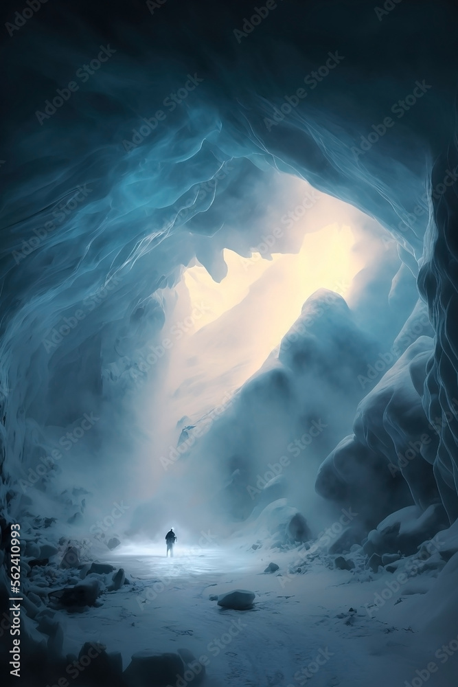 Fantasy ice cave. Snow canyons. Winter storm. Ice walls and floor ...