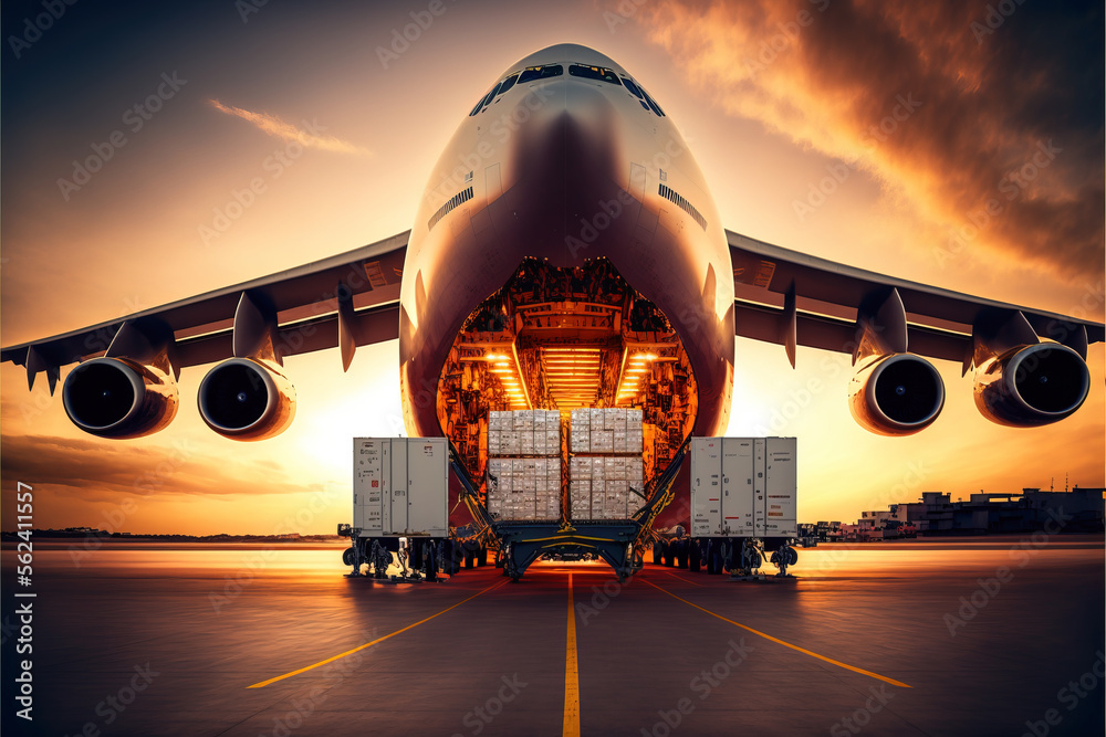 A large cargo plane being loaded with containers at sunset. Wide open ...