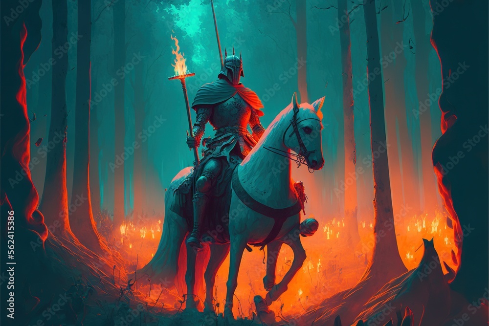 The knight with spear riding a horse through the fire forest, digital ...