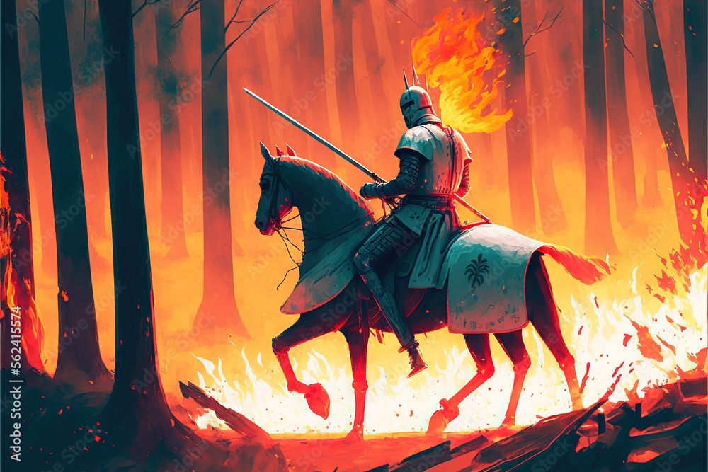 The knight with spear riding a horse through the fire forest, digital ...