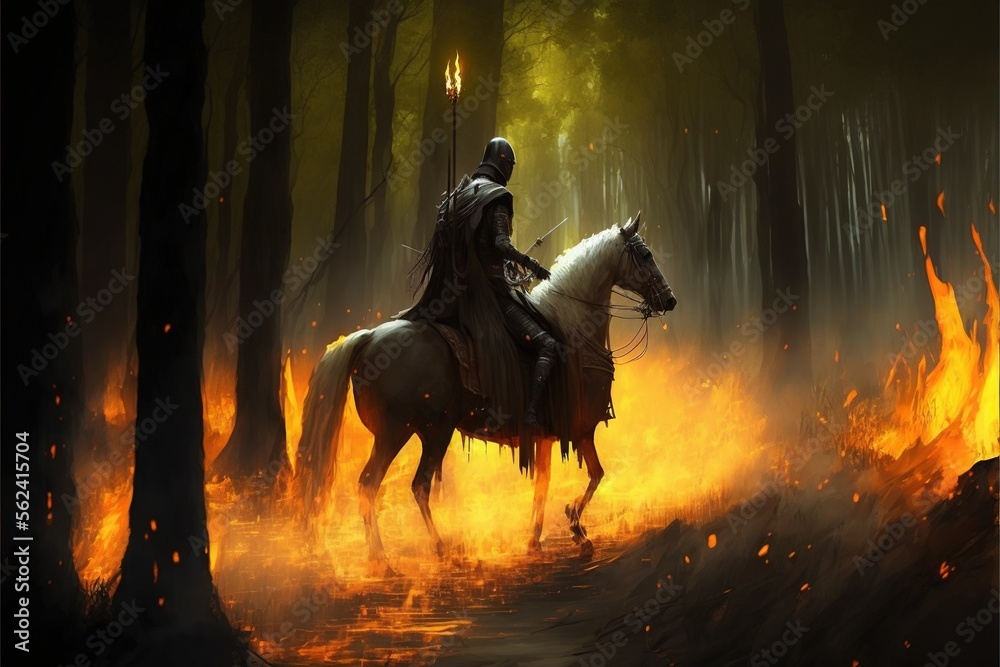 The knight with spear riding a horse through the fire forest, digital ...