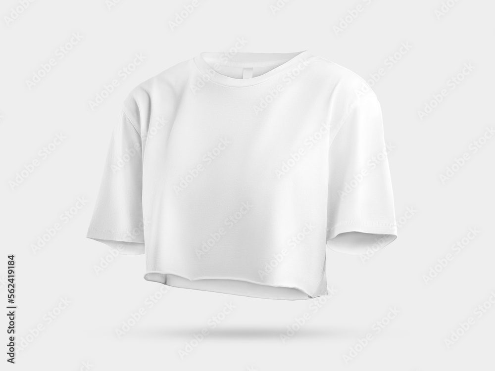White female t-shirt mockup 3D rendering, front, fashion crop top isolated on background. Stock ...