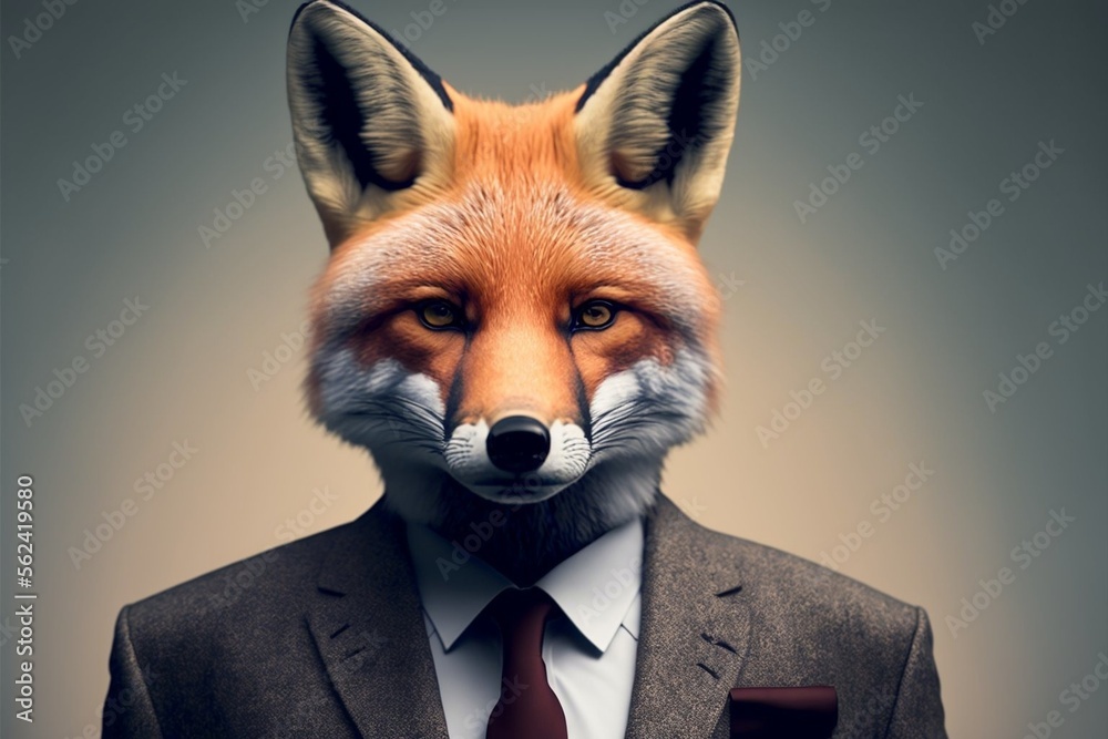 Isolated portrait of a fox in a man's body wearing a suit and tie ...