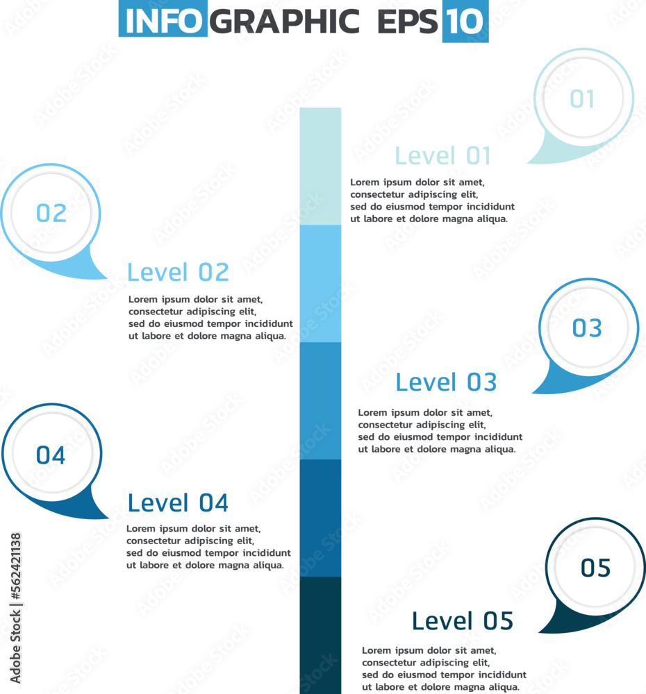 Six blue color hexagons connected with text and pictograms, infographic ...