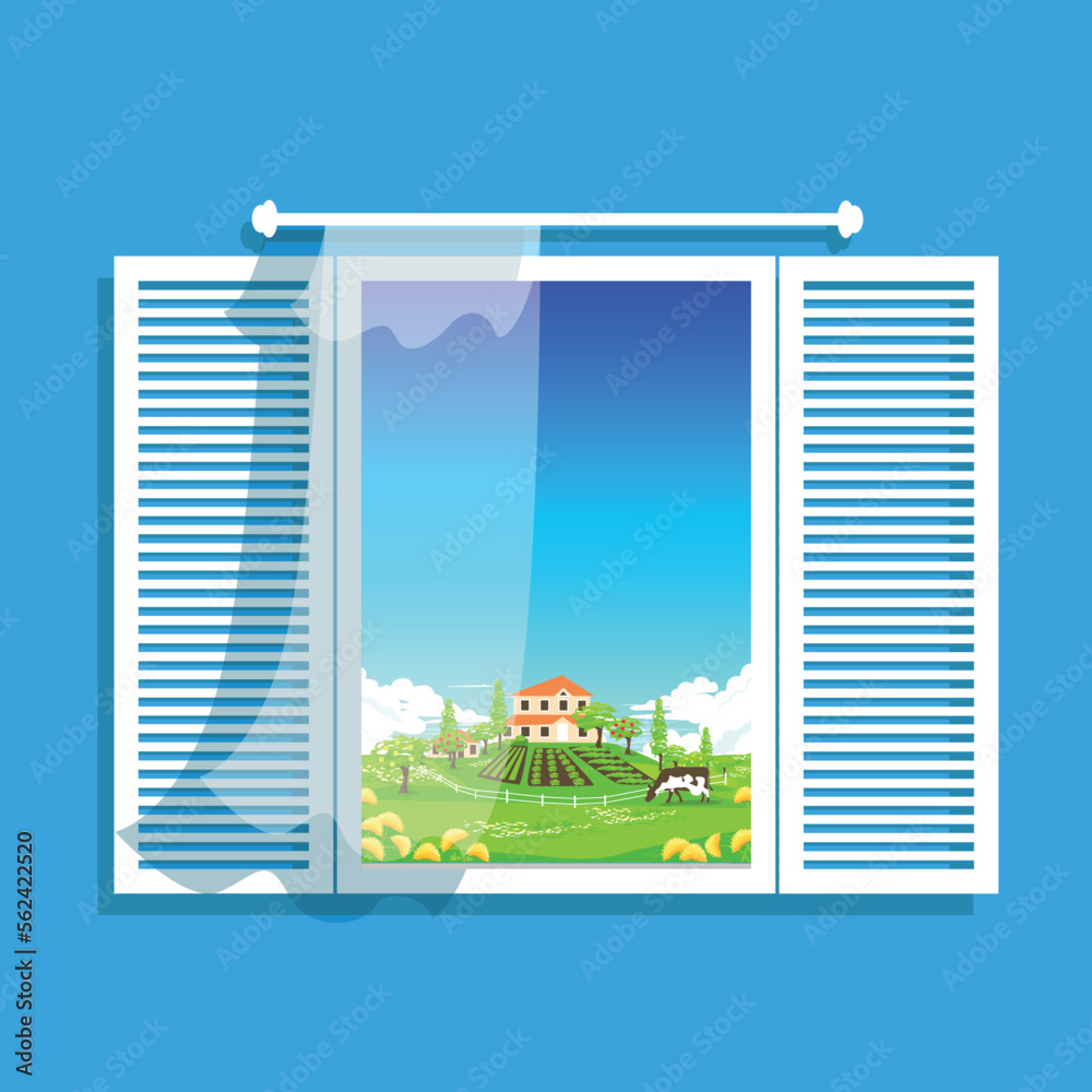 Rural landscape outside the window. Vector illustration of an open ...
