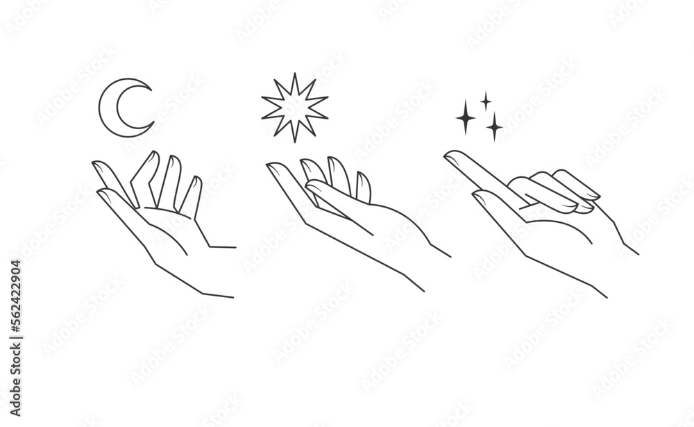 Aesthetic hands vector linear illustrations. Stylized elegant hand ...