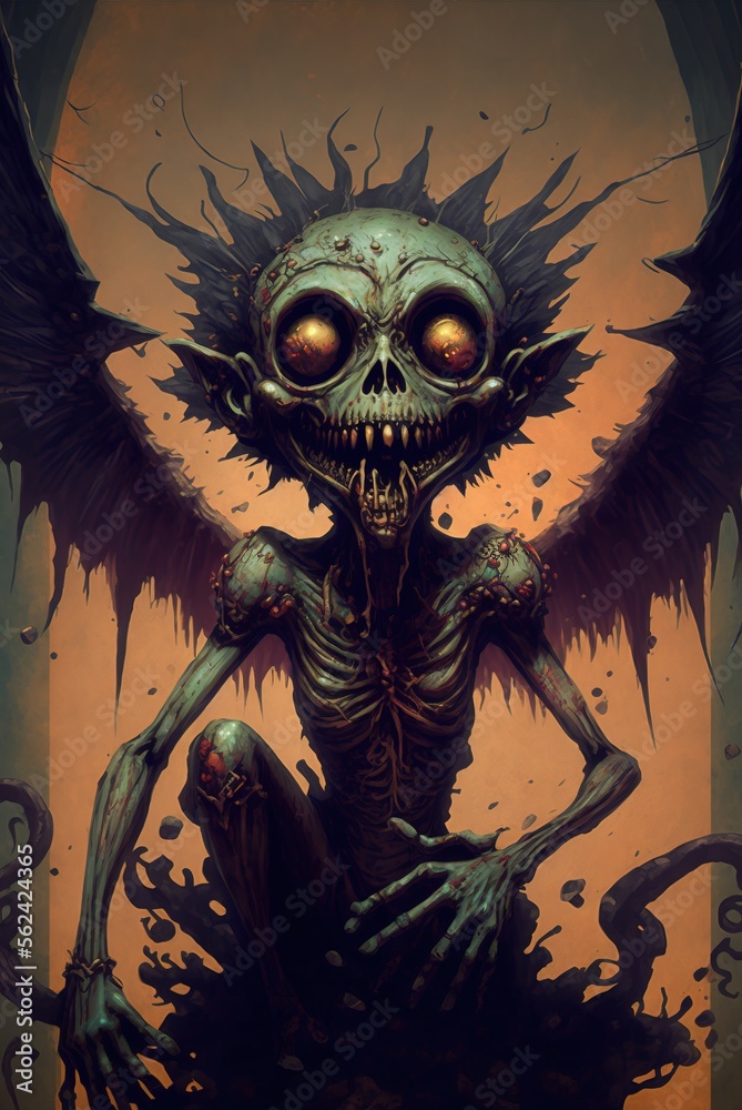 Diseased and plague ridden gargoyle with sharp teeth and devilish wings ...