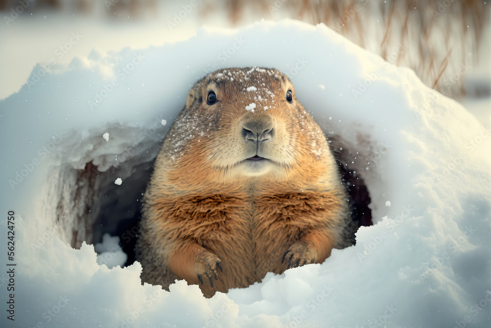 Happy Groundhog Day. Groundhog emerges from a snowy hole after ...