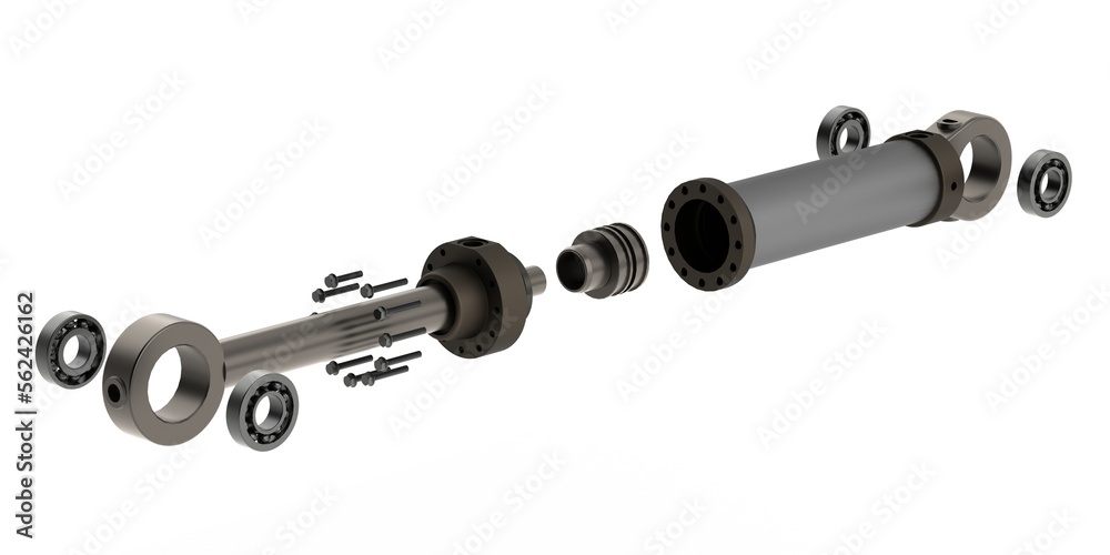 Hydraulic cylinder high pressure exploded view 3D rendering on white ...