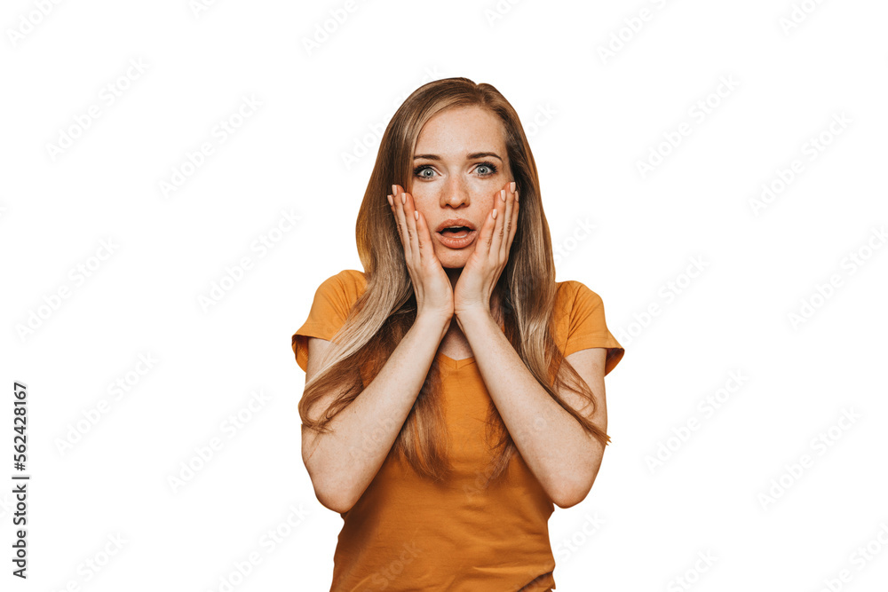 Astounded speechless redhead woman in fear, reacts on breathtaking news ...