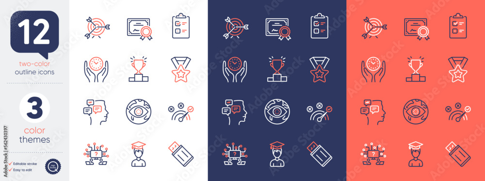 Set of Safe time, Student and Checklist line icons. Include Certificate ...