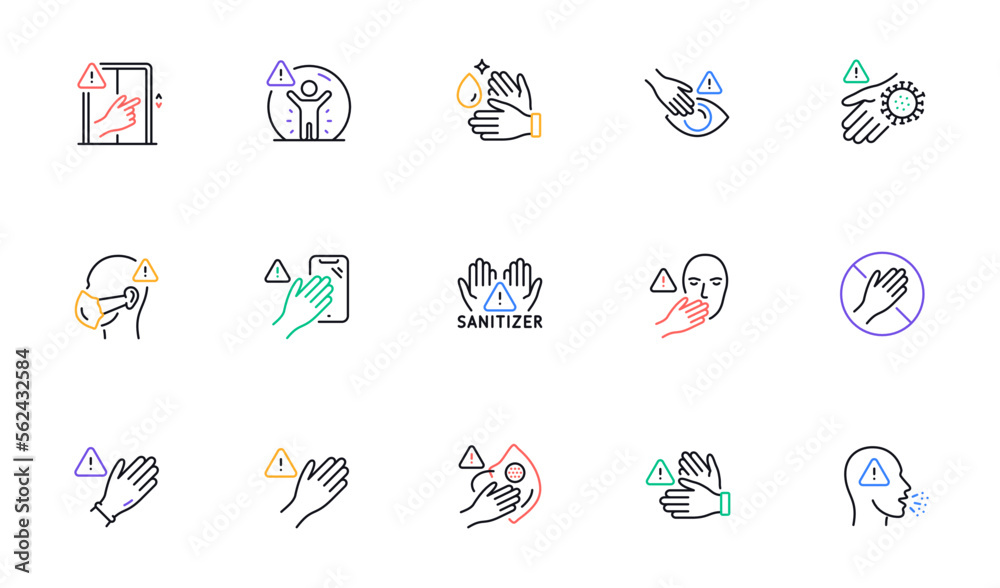 Touch warning line icons. Stop touch face, eyes and medical mask. Covid ...