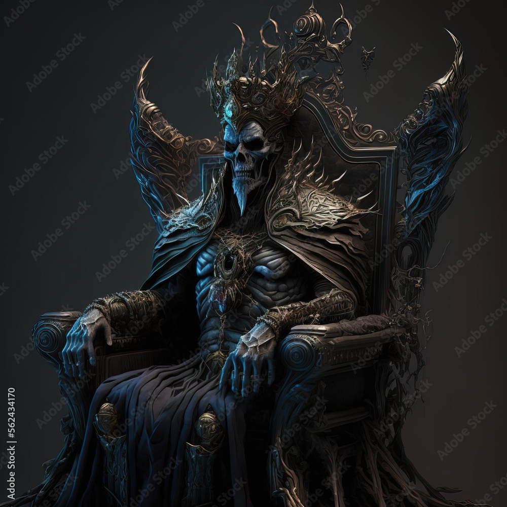 A skeleton king with armor and a crown sitting on a throne. Generative ...