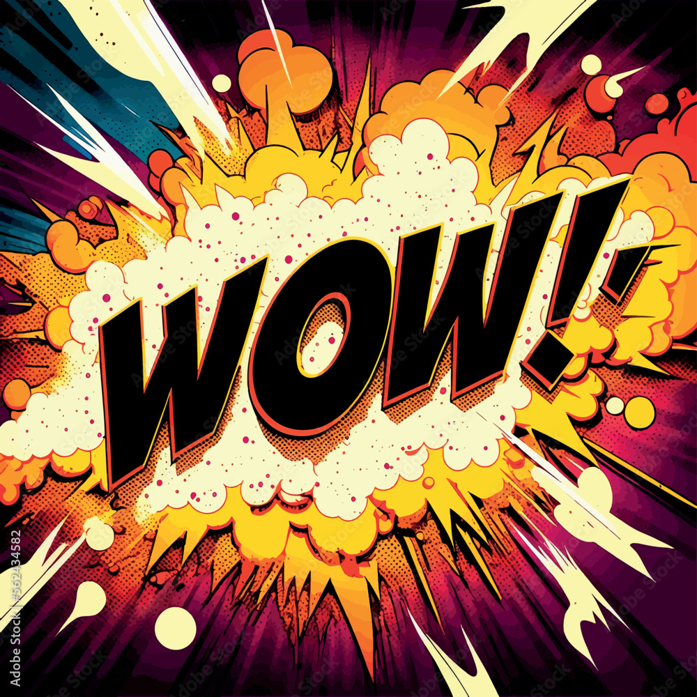 Cartoon sign of burst clouds with the word WOW. High quality ...