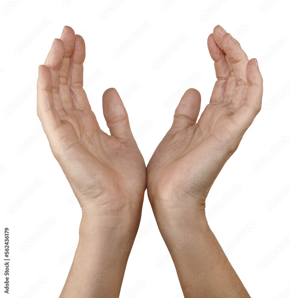 Foto de Mature female healer with open cupped hands receiving healing ...