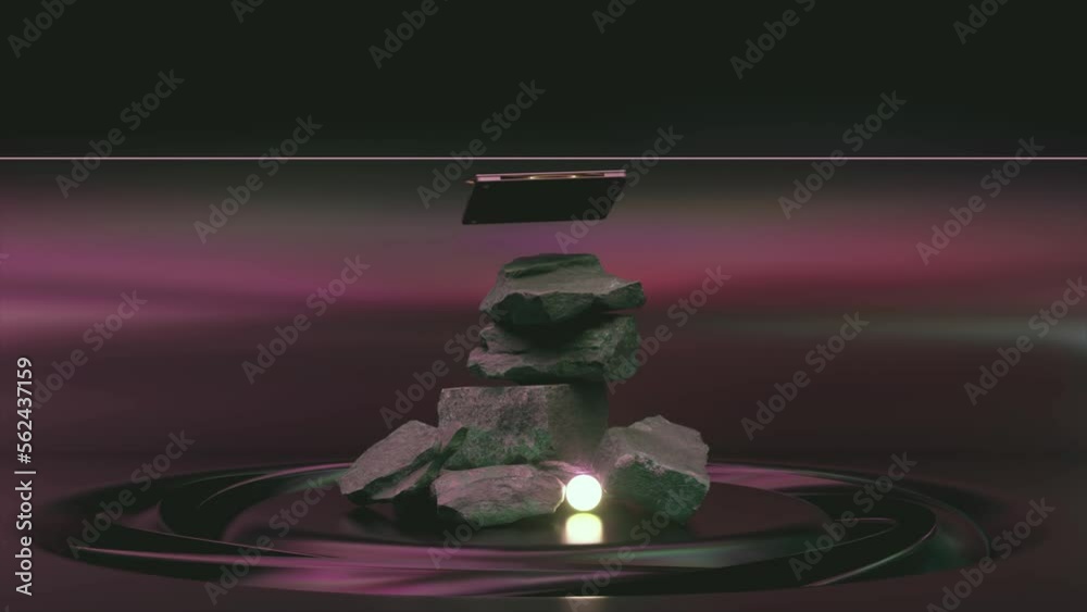 A flying laptop rotates over a pile of rocks. Pink dark color. Opens ...