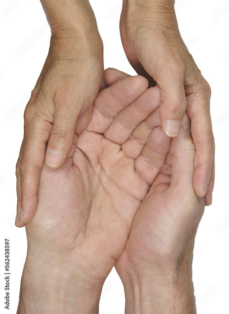 Female carer with hands gently cupped around male cupped hands ...