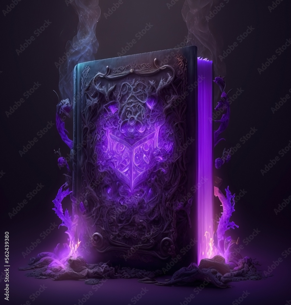 Purple book of spells with glowing smoke and alchemy witchcraft symbols ...