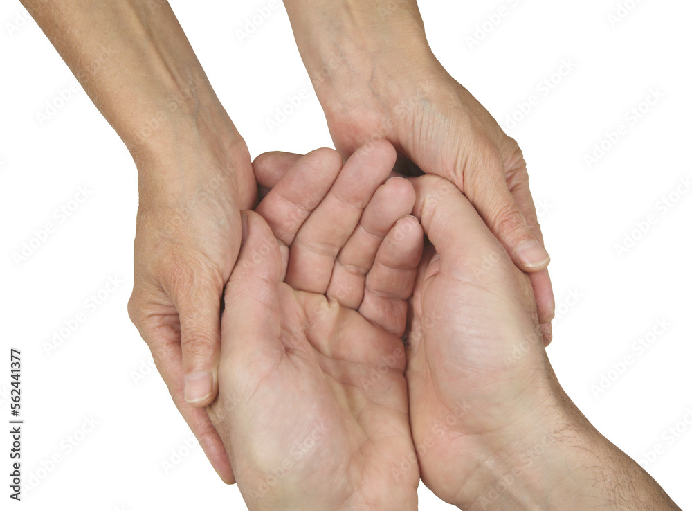 Female care worker hands gently cupped around male cupped hands ...
