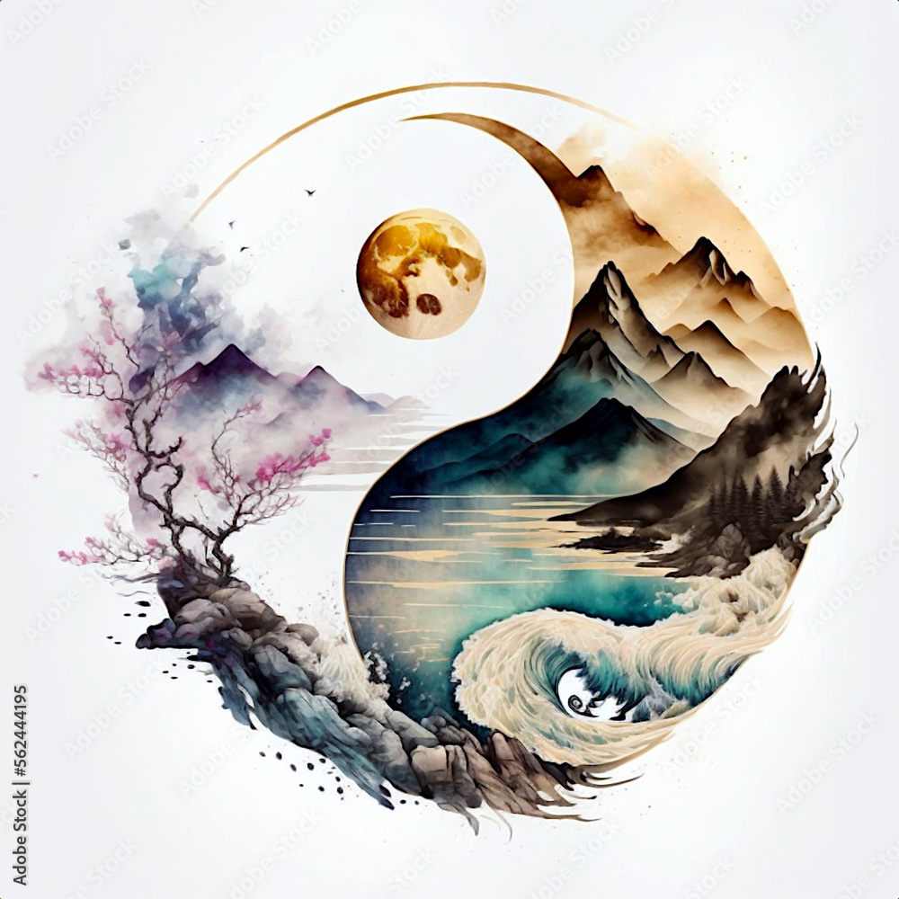 Yin yang design with mountains and sea or ocean. Concept of duality. Watercolor tattoo or logo ...