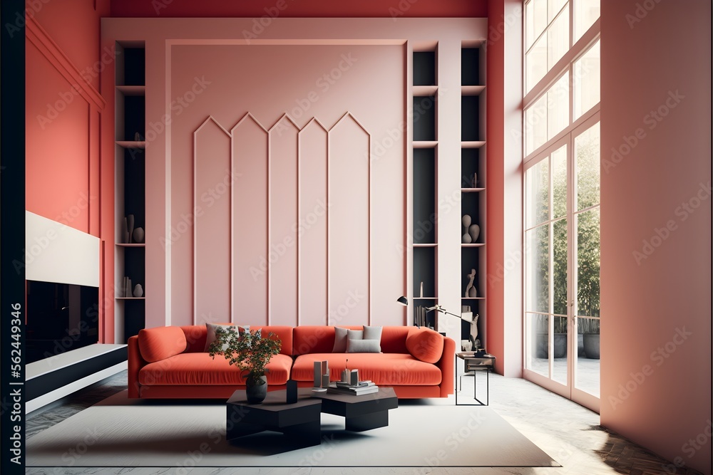 a modern living room in a minimalist millenium crib, high ceiling and ...