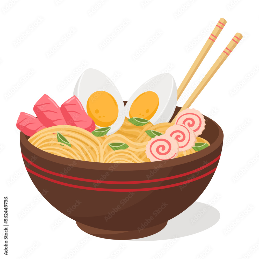Cartoon ramen bowl. Japanese noodle soup, traditional tasty broth with ...