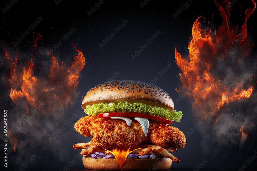Delicious spicy fried chicken burger advertisements on a dark ...