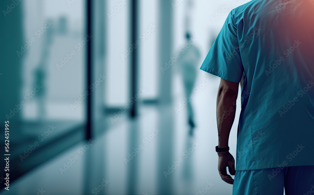 Standing doctor in front of blurred hospital interior background with ...