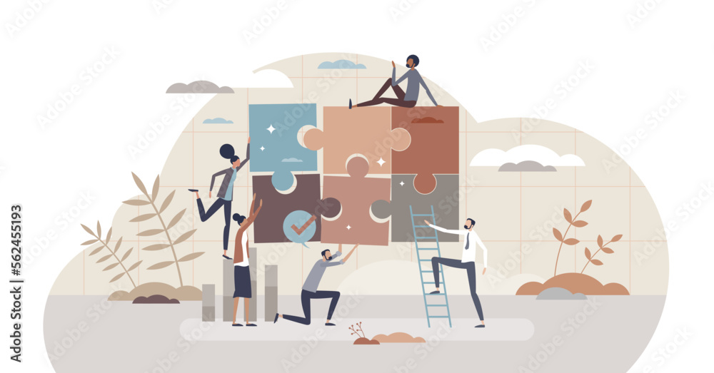 Teamwork puzzle and work collaboration with partnership tiny person ...